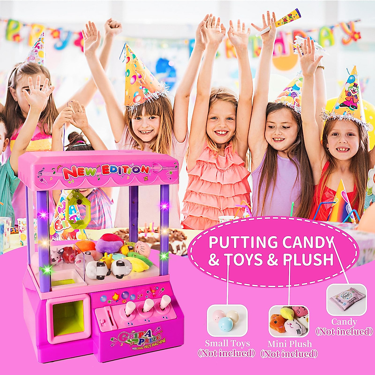 Yasola Claw Machine for Kids,Mini Vending Machines, Arcade Candy Claw Game Prizes Grabber Toy for Home,Prize Dispenser Toys for Girls with Lights Sound（16 Random Mini Toys ）