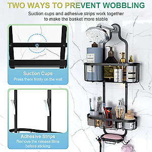 Kadolina Bathroom Hanging Shower Organizer, Over Head Shower Caddy Shower Storage Rack Basket with Hooks for Razor and Sponge Rustproof, Black [Patented]