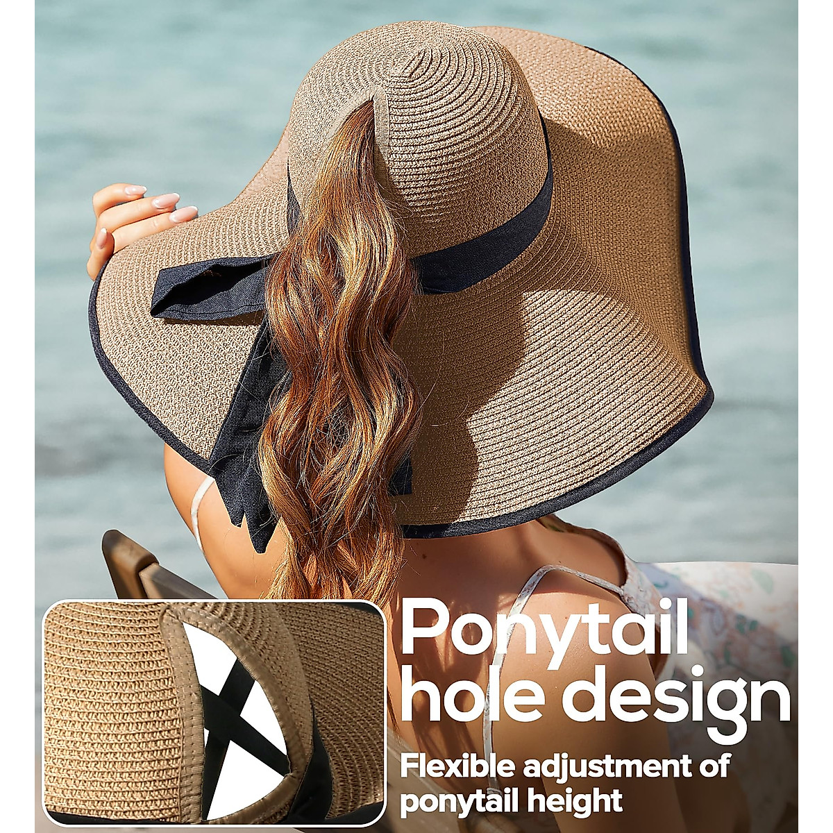 Sun Hats for Women with Ponytail Hole, Wide Brim Beach Hats for Women, Floppy Straw Hat Foldable, Packable Summer Hats Women Khaki
