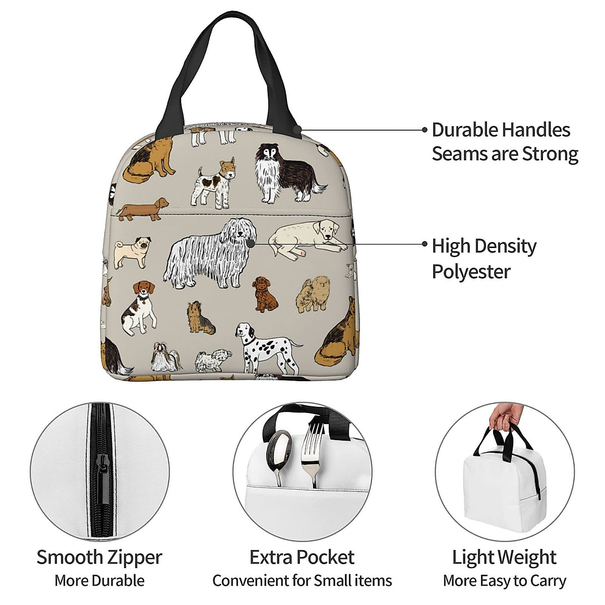 Fiokroo Lunch Bag Insulated Cute Dogs Animal Lunch Box Reusable Lunch Tote Bag For School Work College Outdoor Travel Picnic, 6l