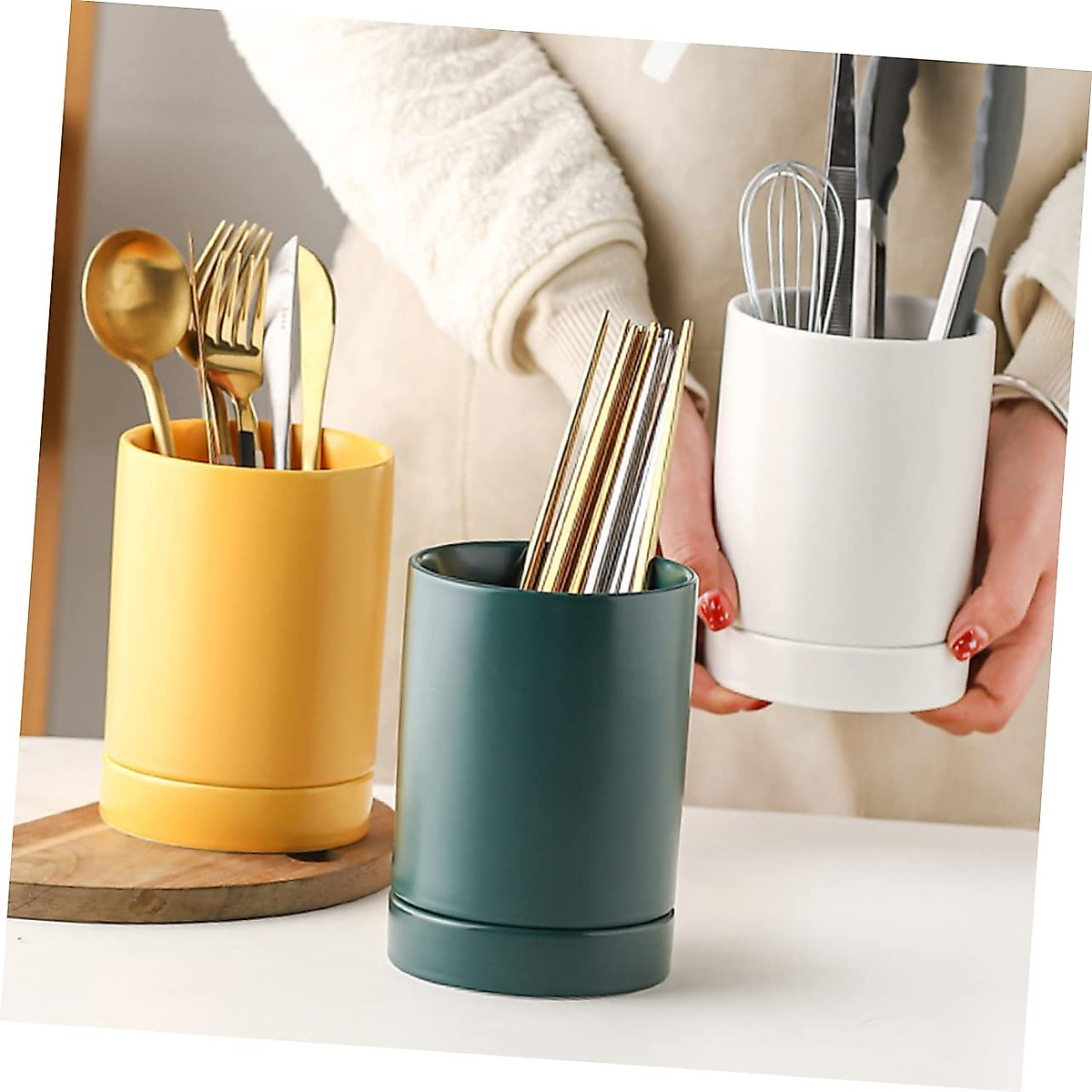 Cabilock 1 Set Kitchen Ceramic Utensil Holder Countertop Kitchen Utensil Crocks Holder Caddy for Cooking Tool Utensils Flatware Organizer Yellow