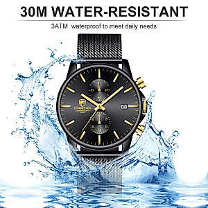 GOLDEN HOUR Men’s Watch Fashion Sport Quartz Analog Mesh Stainless Steel Waterproof Chronograph Watches, Auto Date in Gold Hands, Color: Black
