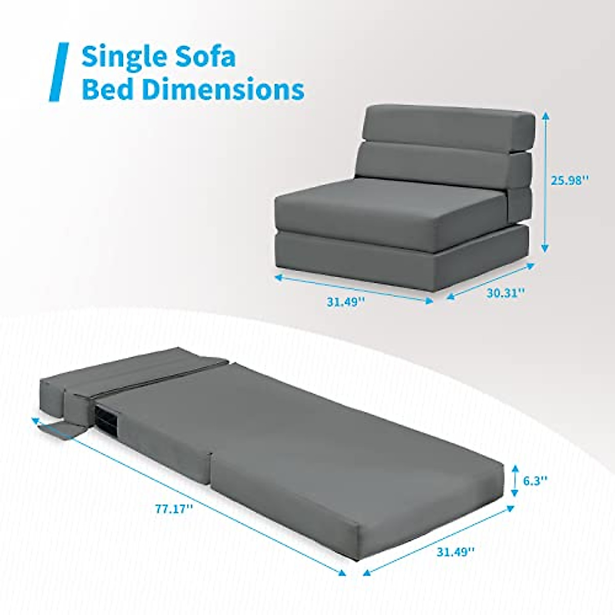 Mjkone Folding Futon Sofa Bed, Modern Convertible Couch for Compact Living Room Office Apartment Space, Modular Sectional Sofa for Resting Camping- Single, Dark Grey