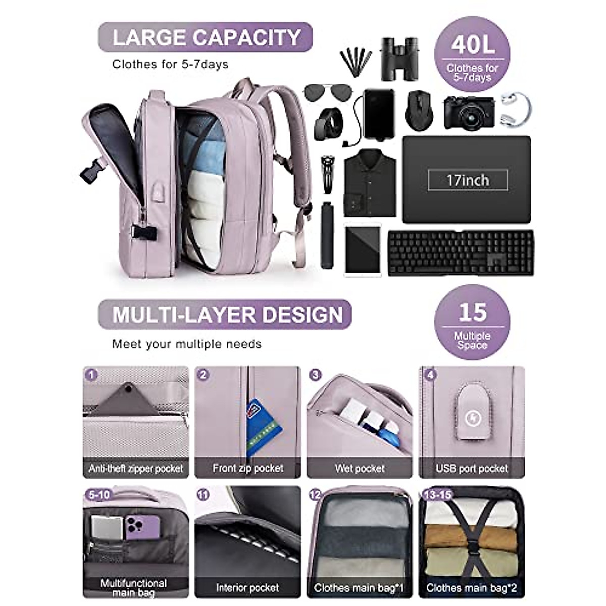 Large Travel Backpack for Women,Carry On Backpack,Expandable Airline Airplane Approved Weekender Backpack,Hiking Backpack,Laptop Backpack with USB Charging Port,Waterproof 40L Backpack, Lotus Pink