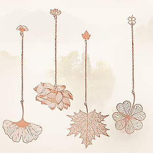 4 Pack Vintage Metal Bookmarks with Pendant, Gift Bookmark, Golden Hollow Bookmark, Metal Leaf Bookmark, Metal Openwork Bookmark, Four-Leaf Clover + Almond Leaf + Maple Leaf + Lotus Flower (Rose Gold)