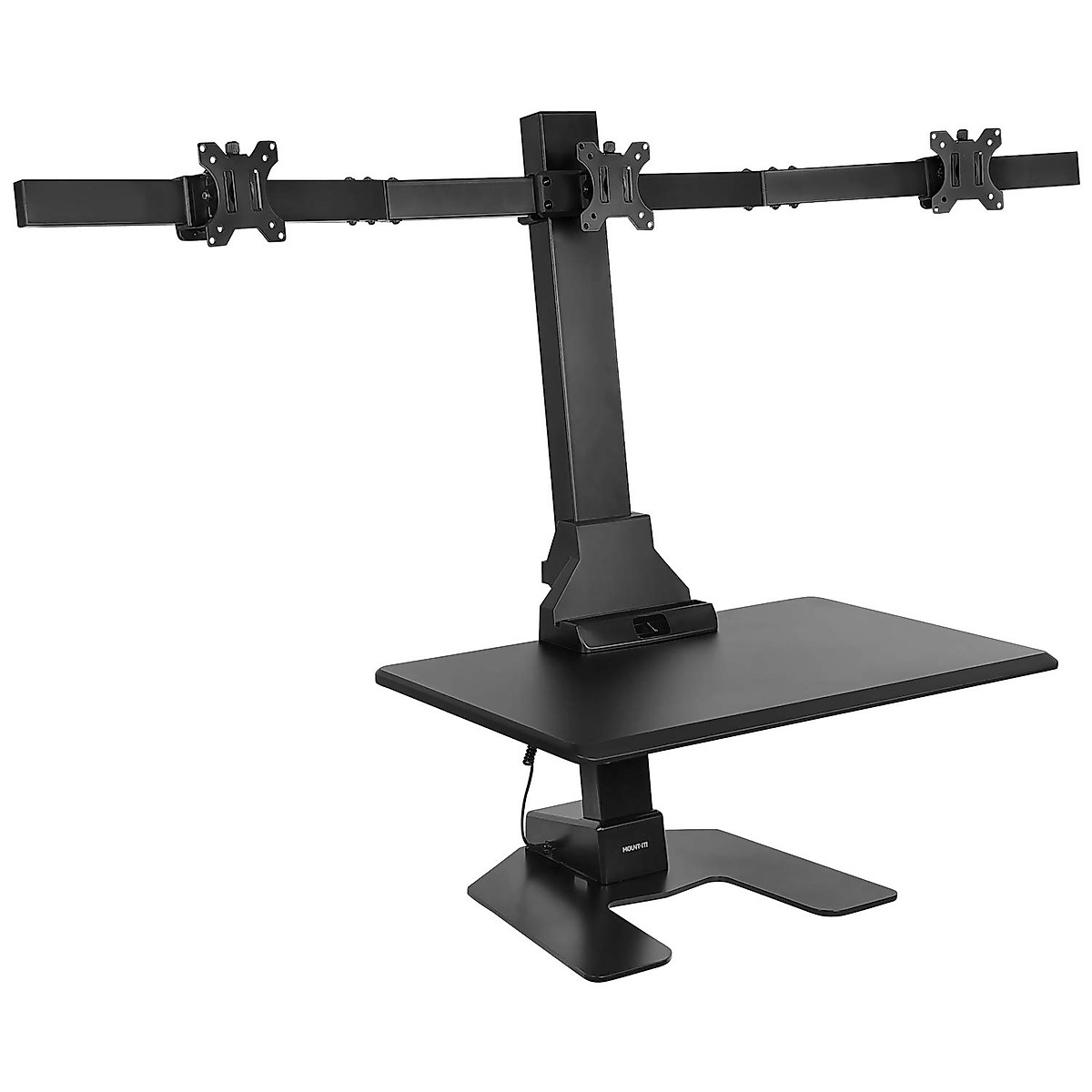 Mount-It! Triple Monitor Electric Standing Desk Converter - 3 Screens Stand Up Desk Riser - Height Adjustable Desktop & 3 Mounts for Screens up to 32", Sit-Stand Convertor for Home, Office, School