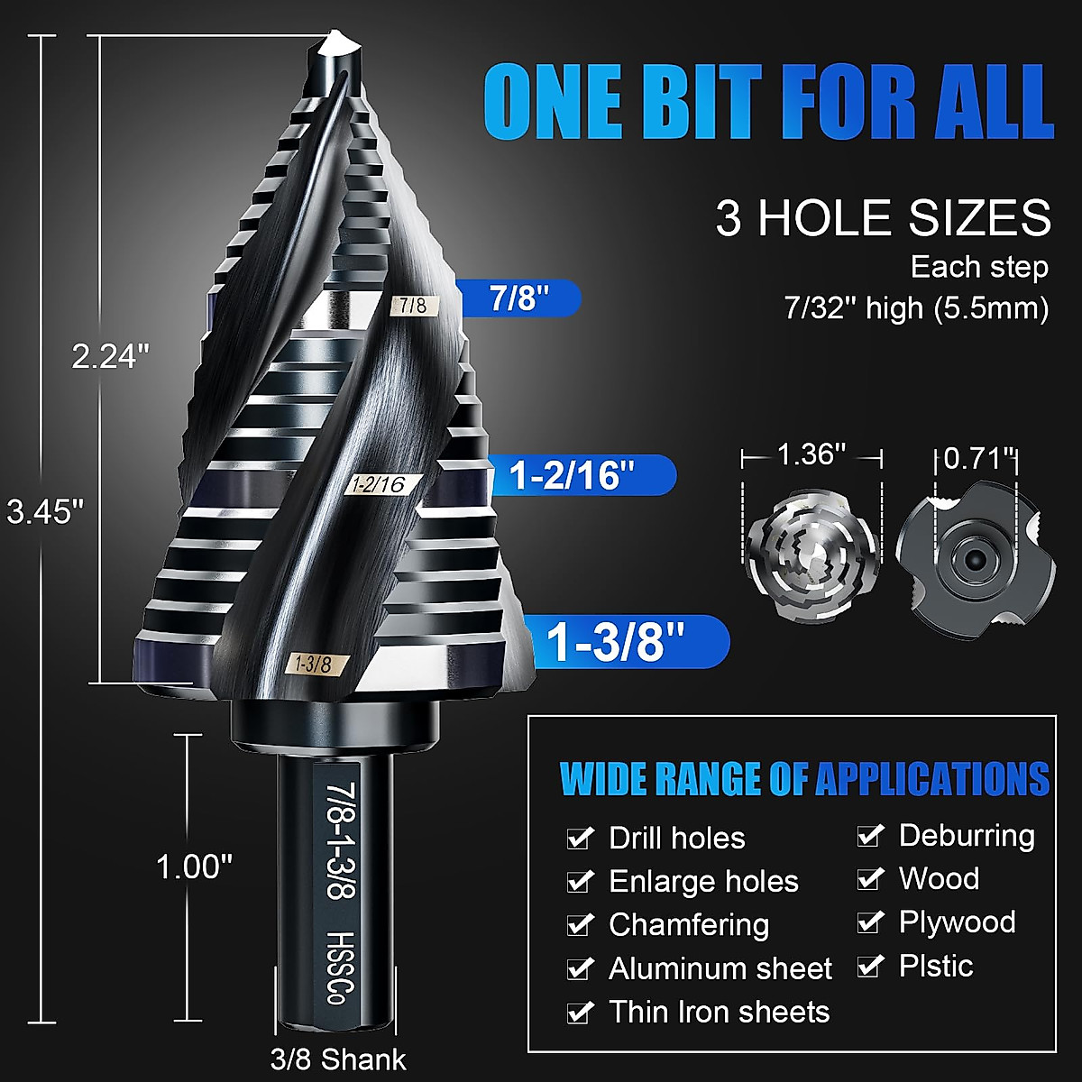 M35 Four Spiral Flute Step Drill Bit Set 1/4" - 1-3/8" （19 Sizes, 1/4" Hex Shank Unibit Step Drill bit, Impact Resistant M35 Cobalt Step Drill Bit, for Stainless Steel, Wood, Aluminum, Plastic
