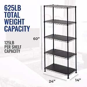 SafeRacks - NSF Certified Storage Shelves, Zinc, Heavy Duty Steel Wire Unit with Wheels and Adjustable Feet, Garage or Bakers Rack, Kitchen, Pantry Shelf - (24"x14"x60" 5-Tier) (Black)