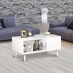 ZenStyle Mid Century Modern Coffee Table, Wooden Retro Coffee Table with Open Storage Shelf for Living Room, Reception, Easy Assembly (White)