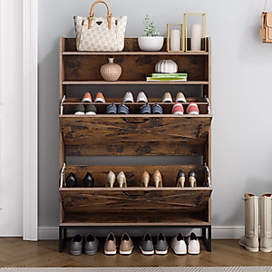 Gyfimioe Rattan Shoe Cabinet with 2 Flip Drawers, Slim Shoe Storage Cabinet for Entryway Freestanding Shoe Organizer Narrow Farmhouse Shoe Rack (Rustic Brown)