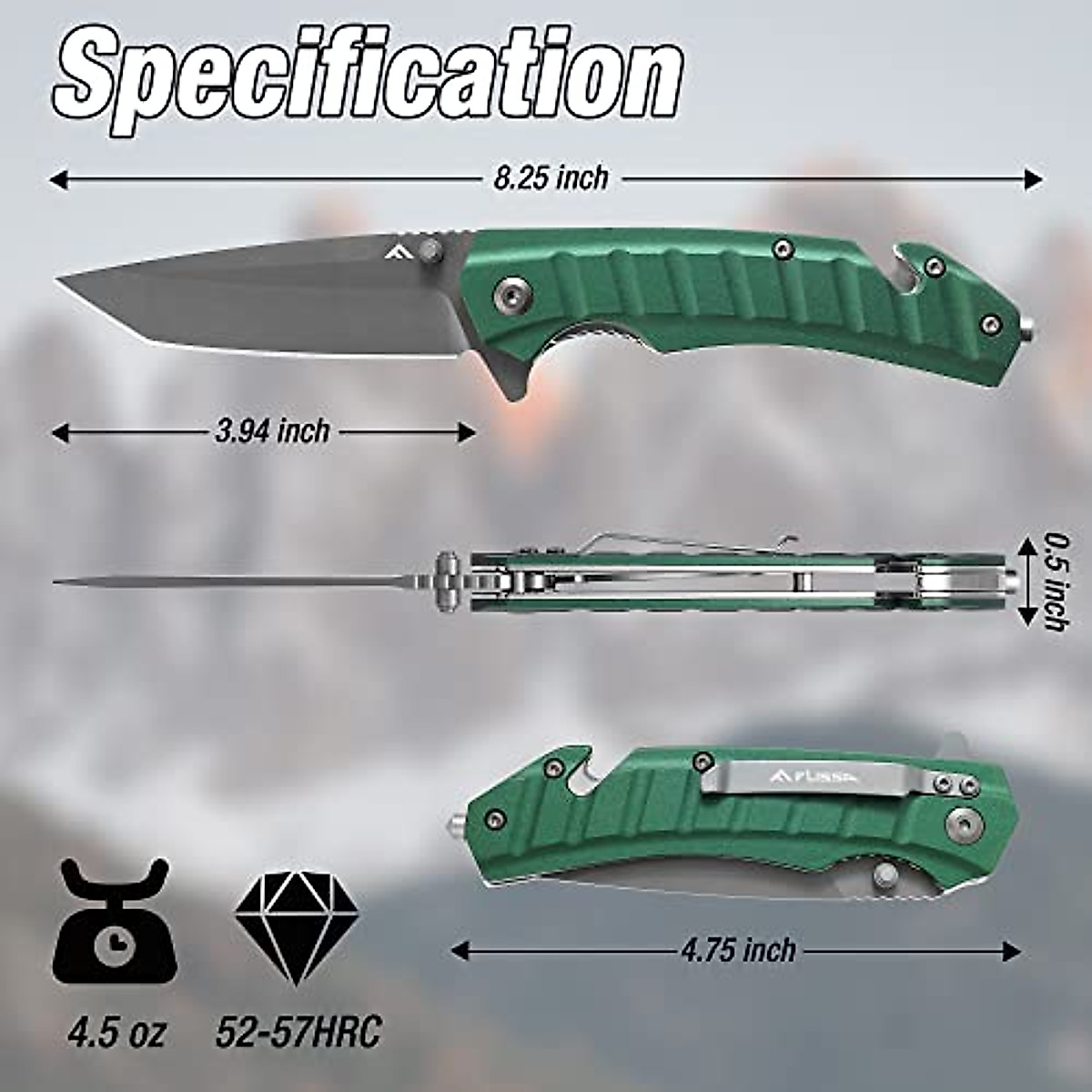 FLISSA Folding Pocket Knife, Tactical Knife with Liner Lock, Tanto Blade, Pocket Clip, Glass Breaker, Seatbelt Cutter, Perfect for Hunting, Camping, Survival (Green)