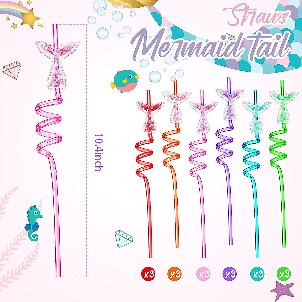 24 Pieces Mermaid Party Favors Glitter Mermaid Tail Straws Reusable Sparkly Drinking Straws for Mermaid Birthday Pool Party Supplies Decorations Gift Bag Fillers