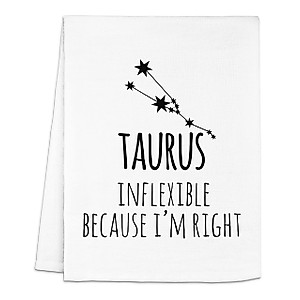 All Signs Of The Zodiac, Funny Flour Sack Kitchen Towel, Sweet Housewarming Gift, Farmhouse Kitchen Decor, White or Gray (White, Taurus)