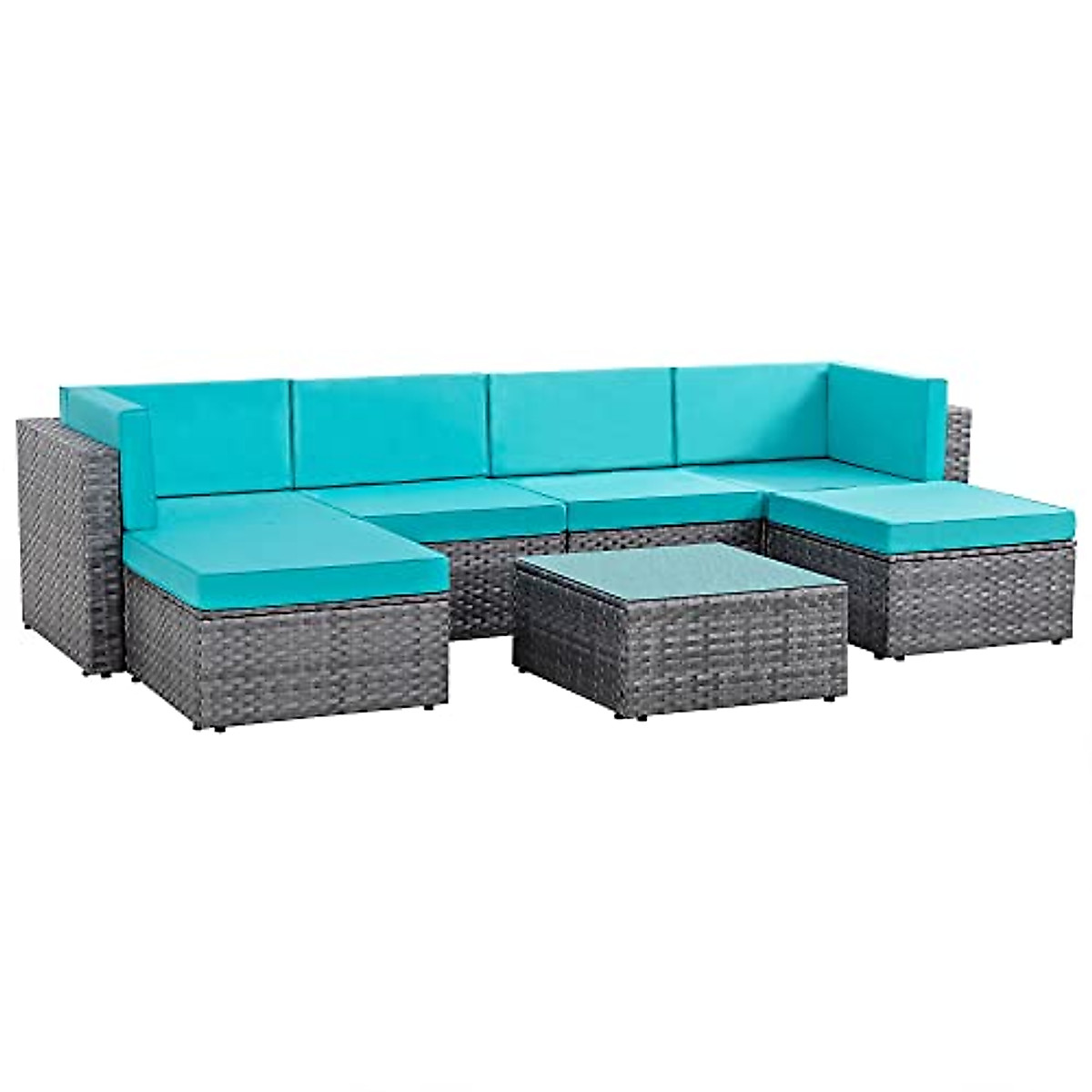 Walsunny 7pcs Patio Outdoor Furniture Sets,Low Back All-Weather Silver Gray Rattan Sectional Sofa with Tea Table&Washable Couch Cushions&Ottoman,Blue