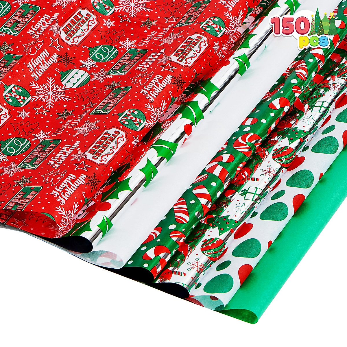 JOYIN 150 Sheets Tissue Paper Assortement Classic Christmas Design, present Wrap Paper, Accessory for Gift Boxes, Gift Wrapping Bags and Wine Bottles