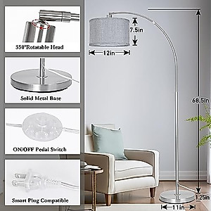 Arc Floor Lamp for Living Room, Silver Modern Standing Lamp with Adjustable Head Tall Pole Lamp with On/Off Pedal Switch, Over Couch Arched Tall standing light for Reading Bedroom 9W LED Bulb Included