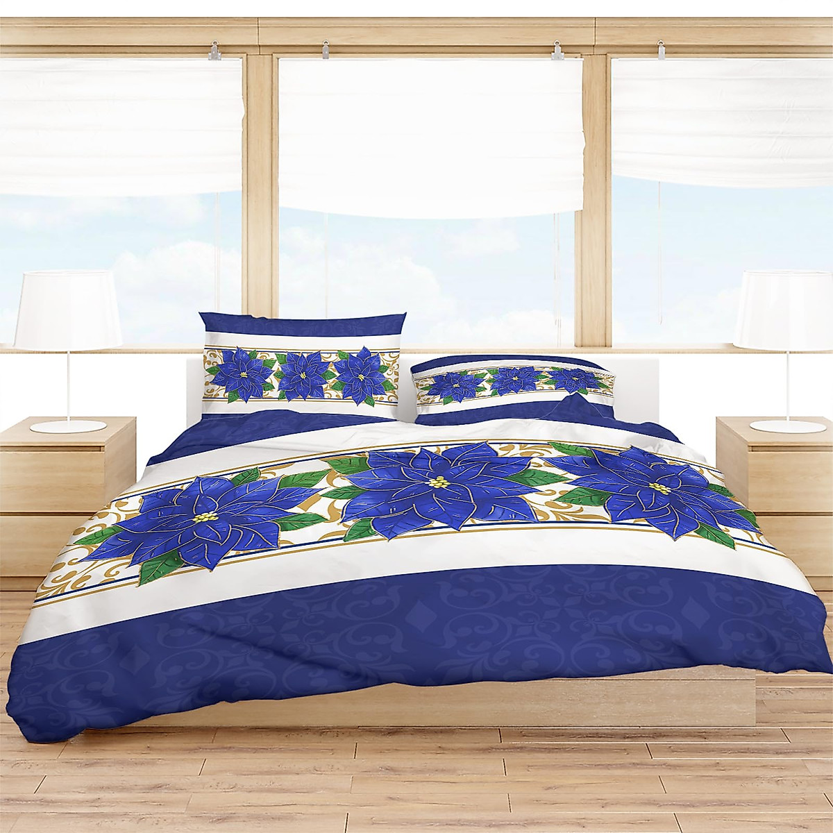 Blue Poinsettia Christmas Duvet Cover Queen Size, Xmas Botanical Floral Comforter Cover with Zipper Closure, 3 Piece Bedding Sets 1 Duvet Cover 90x92 Inches and 2 Pillow Shams