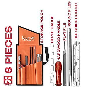 Katzco Chainsaw Sharpener File Kit - Contains 5/32, 3/16, and 7/32 Inch Files, Wood Handle, Depth Gauge, Filing Guide, and Tool Pouch - for Sharpening and Filing Chainsaws and Other Blades