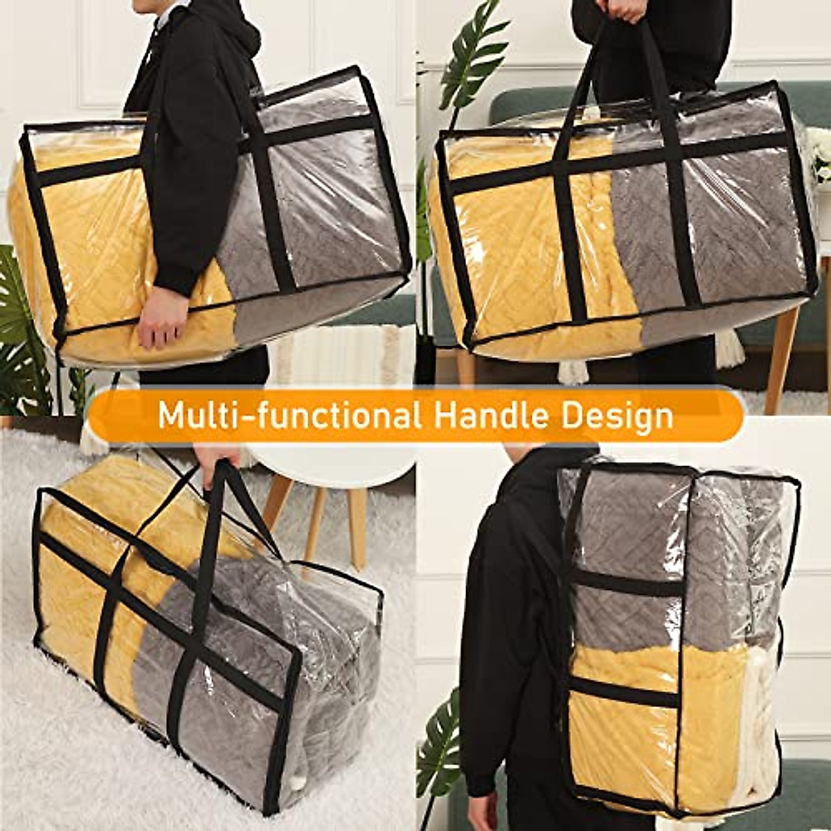 Fixwal 4pcs Clear Blanket Storage Bags, Pillow Storage, 110l Extra Large Totes for Storage with Zipper&Handles, Oversized Moving Bags, Clothes, Comforters and Pillows, Moving Supplies