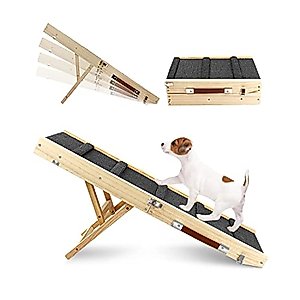 TNELTUEB Adjustable Dog Ramp, Wooden Folding Portable Pet Ramp,Rated for 30 LBS, 32.6" Long and Adjustable from 10" to 19" with Non-Slip Traction Mat, Dog Step for Bed, Couch,Car (Grey)