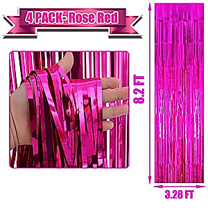 HalloweenDecorate 4 Pack Fuchsia Foil Fringe Curtain Backdrop,3.28Ft x 8.2Ft Metallic Tinsel Foil Fringe Streamer Curtains for Party,Photo Booth Props,Birthday,Graduation Decoration Party Supplies