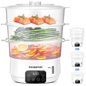 Cozeemax Electric Food Steamer for Cooking, 13.7QT Digital Vegetable Steamer 800W with 3 Tiers BPA Free Dishwasher Safe Lids and Stackable Baskets, Auto Shut-off, Boil Dry Protection (White)