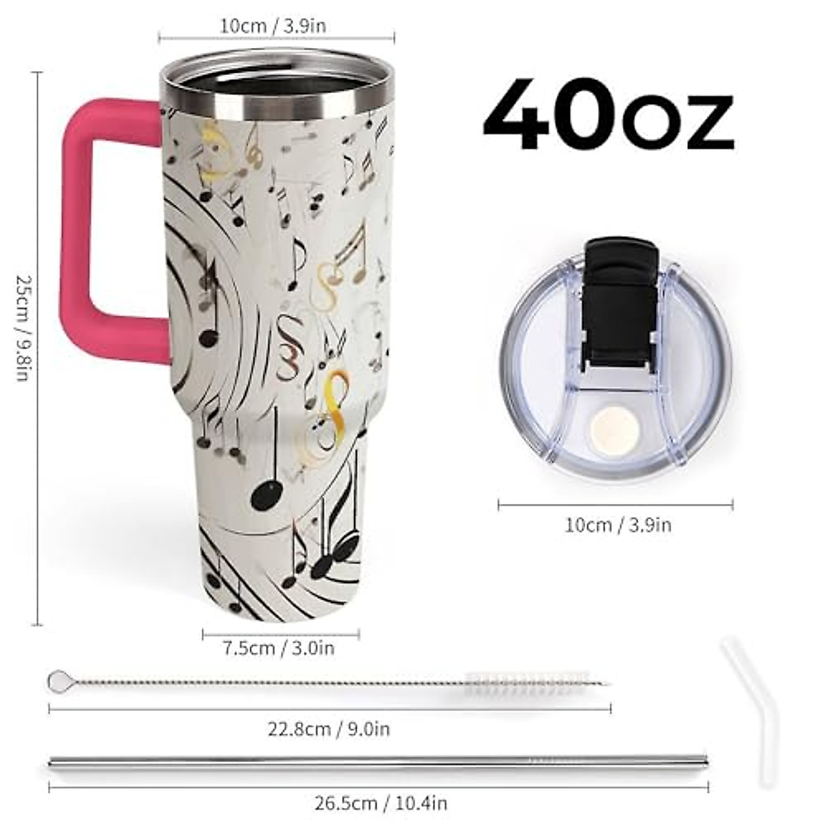 LLUTSNTH 40 Oz Vacuum Tumbler with Light Rose Red Handle Leakproof Insulated Tumbler Music Notes Print Stainless Steel Travel Mug with Lid And Straw Coffee Cup Cute Water Bottles Cup Holder Friendly