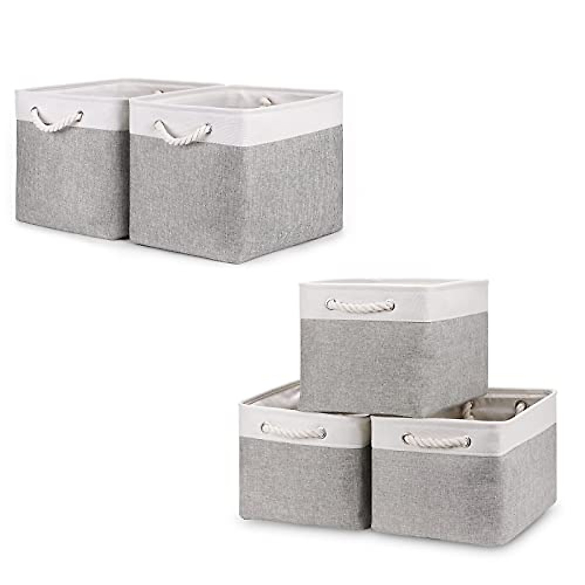 Bidtakay Baskets Set Fabric Storage Bins-White&Grey Bundled Baskets of 2 Large Baskets 16" X 11.8" X 11.8" + 3 Medium Baskets 15" X 11" X 9.5" for Closet, Shelves