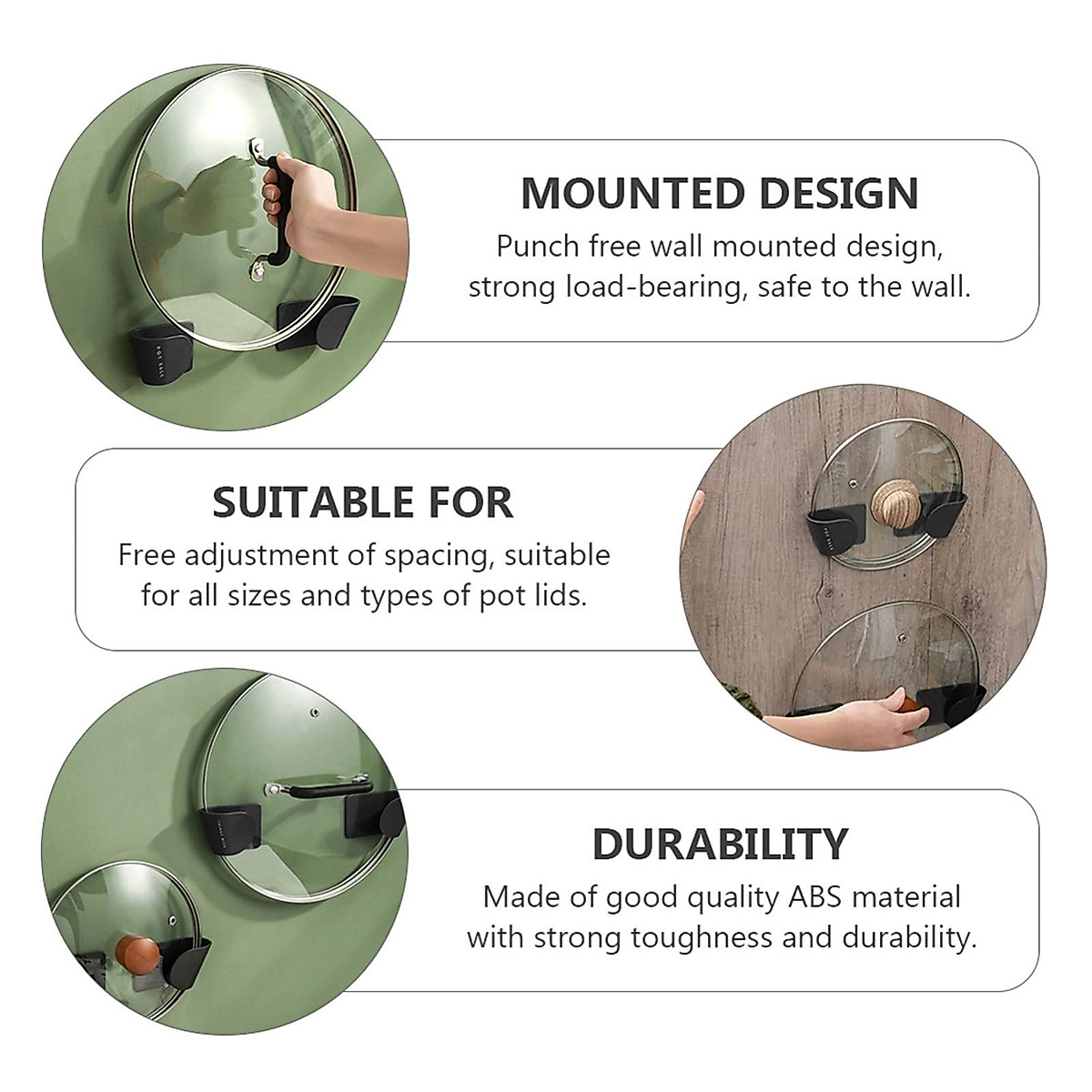 Cabilock 1 Pair Wall Mounted Pot Lid Organizer Kitchen Organizer Pot Lid Rack Heavy Duty Wall Hooks Hangers Cutting Board Stand Holder Black