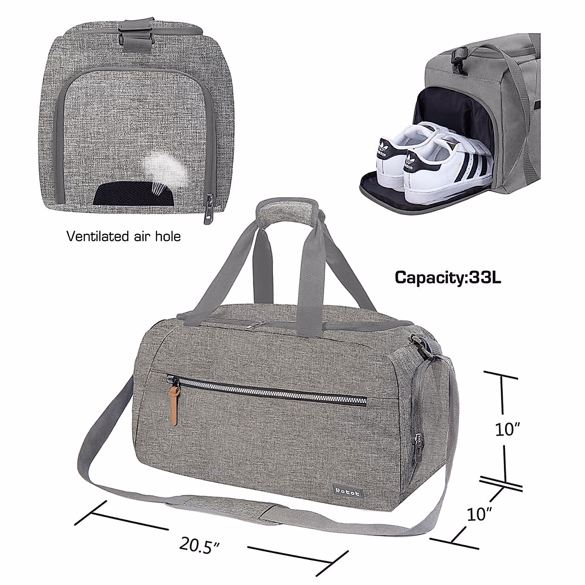 ROTOT Sport Duffel Bag, Gym Bag with Waterproof Shoe Pouch, Weekend Travel Bag with a Water-resistant Insulated Pocket (33L) (Dark gray)