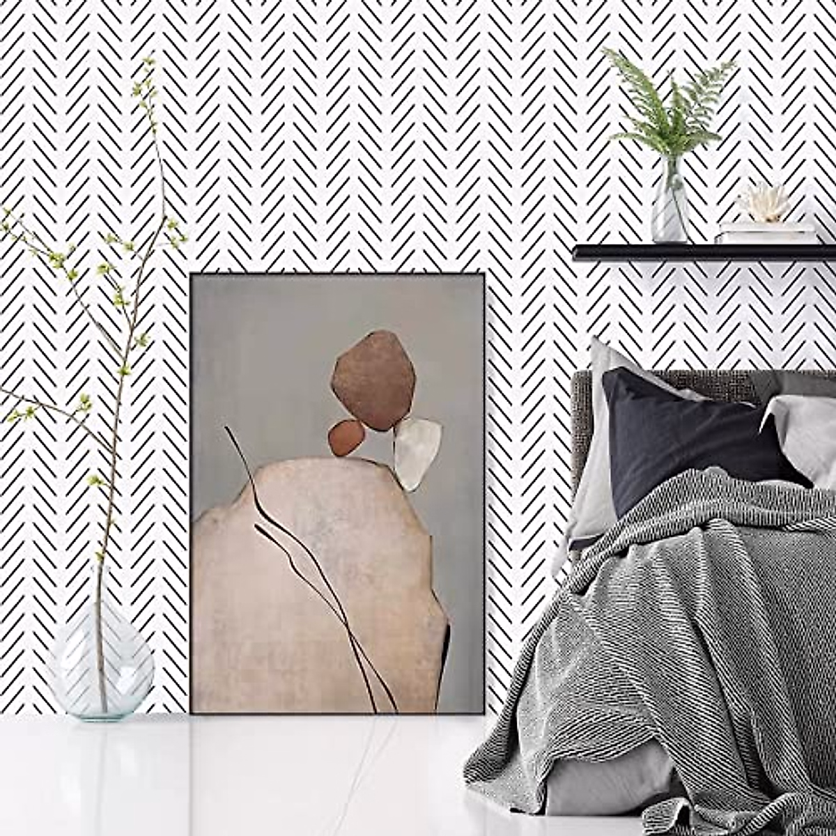 Erfoni Black and White Peel and Stick Wallpaper Modern Herringbone Contact Paper for Bathroom 17.7inch x 78.7inch Geometric Removable Wall Paper Peel and Stick Strip Self Adhesive Contact Paper