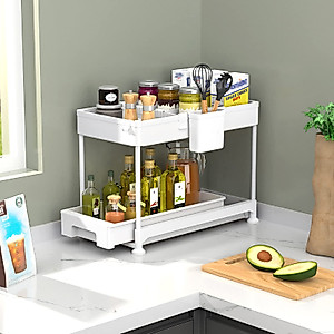 SPACEKEEPER Under Sink Organizer, Sliding Cabinet Basket Organizer 2 Tier Under Bathroom Storage Rack with Hooks, Hanging Cup, Dividers, Multi-purpose Storage Shelf for Bathroom Kitchen, White