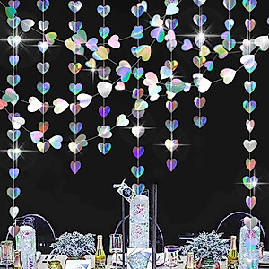 Fecedy 4 Pack Iridescent Love-Heart Garland Hanging Neon Streamers Banner for Birthday Bachelorette Baby Bridal Shower Engagement Valentines Decoration