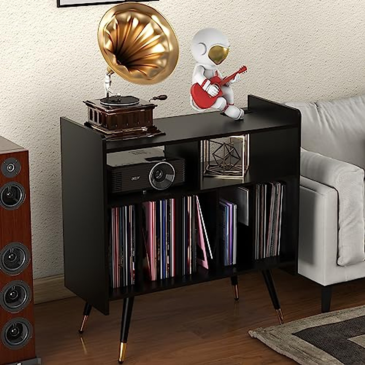 scolyk Large Record Player Stand, Vinyl Record Storage Cabinet with Power Outlet, Record Player Table Holds up to 350 Albums, Mid-Century End Table Turntable Stand for Living Room, Office.