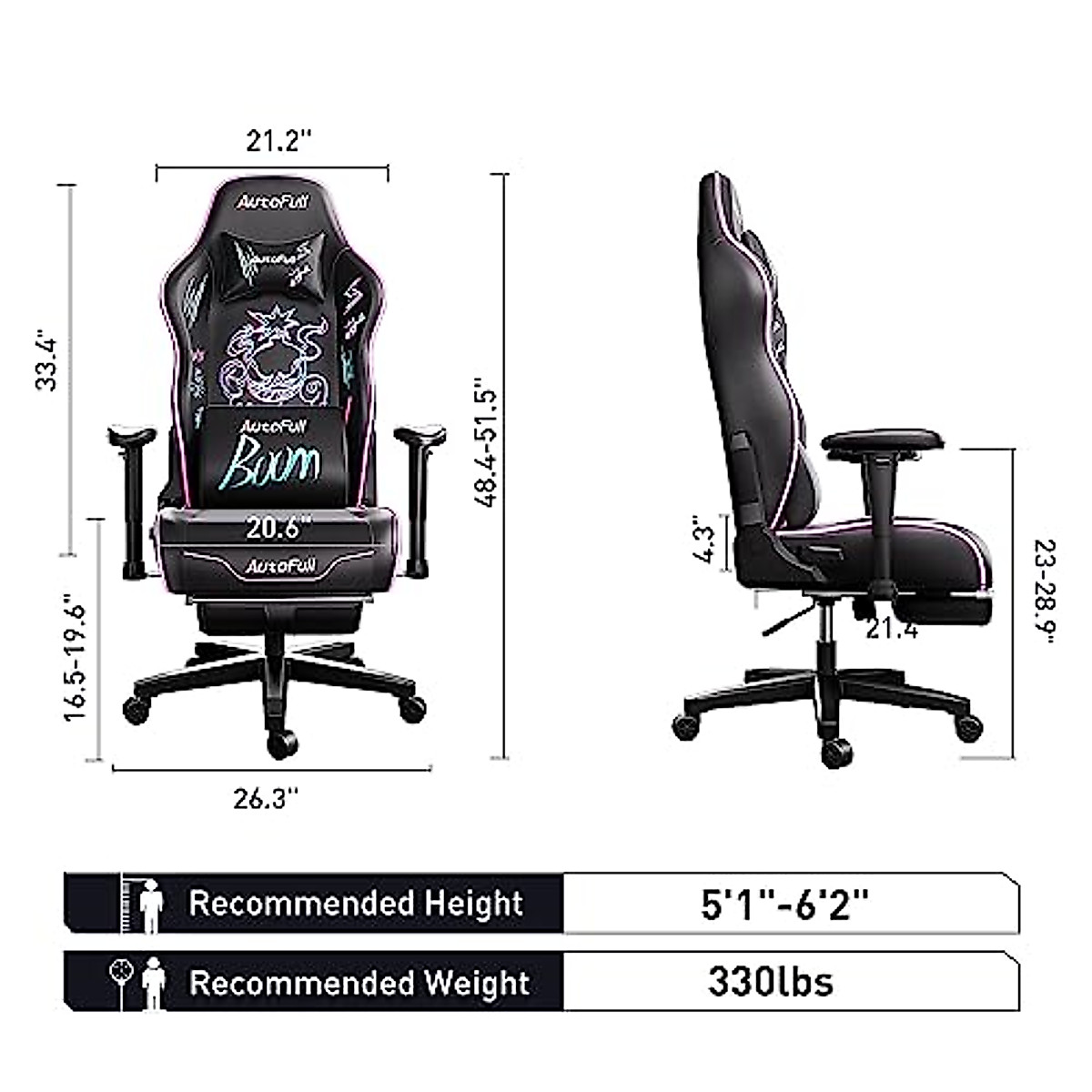 AutoFull C3 Gaming Chair Office Chair with Ergonomic Wingless Cushion PU Leather Racing Style PC Chair with Footrest and Lumbar Support Pillow,Black