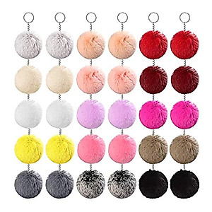 Tongcloud 30pcs Faux Fur Ball Pom Poms Keychains Pom Poms Keychains Fluffy Faux Fur Pompoms Balls for Girls Women Hats Shoes Bags Accessories (15 Colors, 6cm/2.36'')