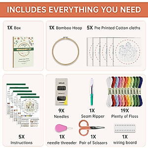 CYANFOUR 5 Pack Beginner Embroidery Kit for Adults, Easy to Learn Floral Embroidery Patterns from Video & Instruction, Needlepoint Kits for Adults Include Embroidery Hoop, Colorful Threads, Tools