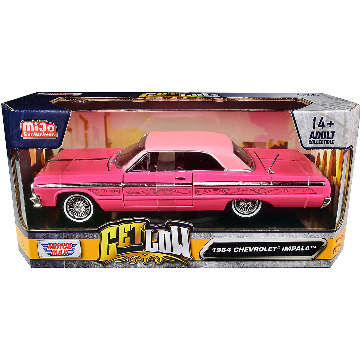Toy Cars Chevy Impala Lowrider Hard Top Pink with Graphics and Light Pink Top Get Low Series 1/24 Diecast Model Car by Motormax 79021