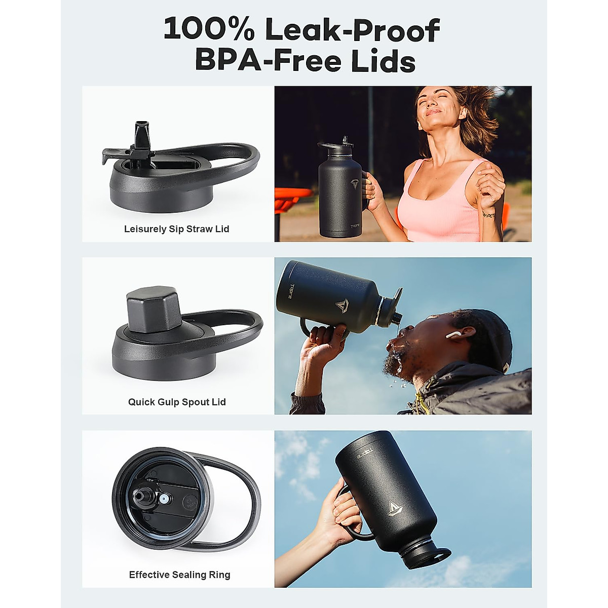 Topre Half Gallon Water Bottle with Straw and Lid, 64 oz Insulated Stainless Steel Jug with Handle,Reusable Metal Travel Flask Mug Cup With Carry Pouch and Brush,Keep Cold & Hot,Black