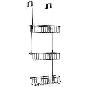 mDesign Extra Large Metal Over Shower Door Caddy, Hanging Bathroom Storage Organizer Center with Built-in Hooks and Baskets on 3 Levels for Shampoo, Body Wash, Loofahs - Black