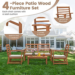 Tangkula 4 Pieces Outdoor Furniture Set, Acacia Wood Conversation Set w/Soft Seat Cushions, Stable Acacia Wood Frame, Patio Sofa & Coffee Table Set for Backyard, Porch, Poolside (White)