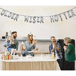 Older Wiser Hotter Balloon, Silver Birthday Decorations, Happy Birthday Banner for 30th 40th 50th 60th 70th 80th Birthday Party Supplies
