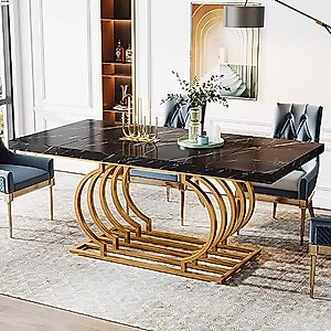Tribesigns Modern Dining Table, 63 inch Faux Marble Wood Kitchen Table for 6 People, Rectangular Dinner Room Table with Geometric Frame for Kitchen, Dining Room, Black Gold