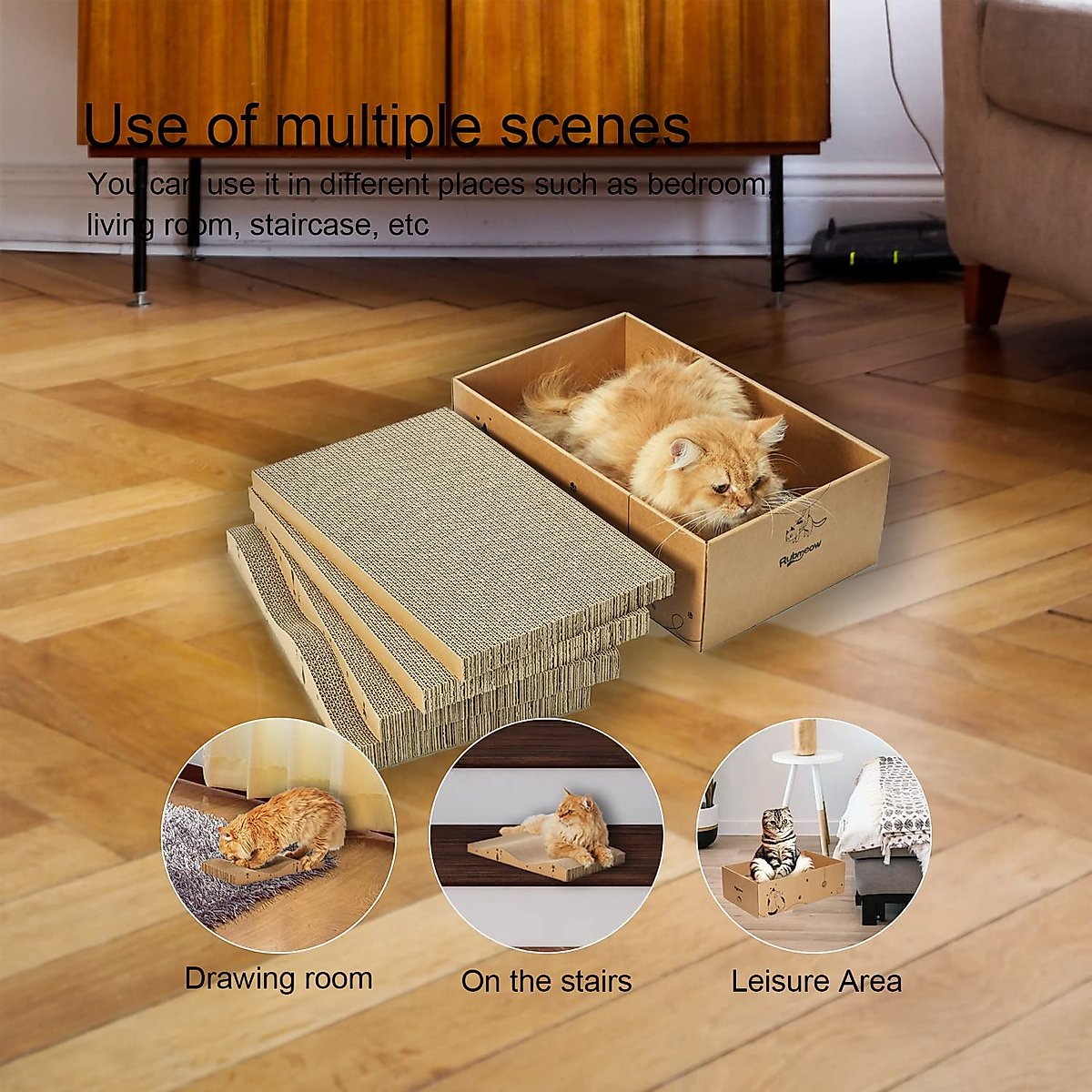 RUBMEOW Cat Scratcher Cardboard Cats Scratch Pad Box for Indoor Cats,5pcs Scratching Board Bed Reversible Durable,with Catnip