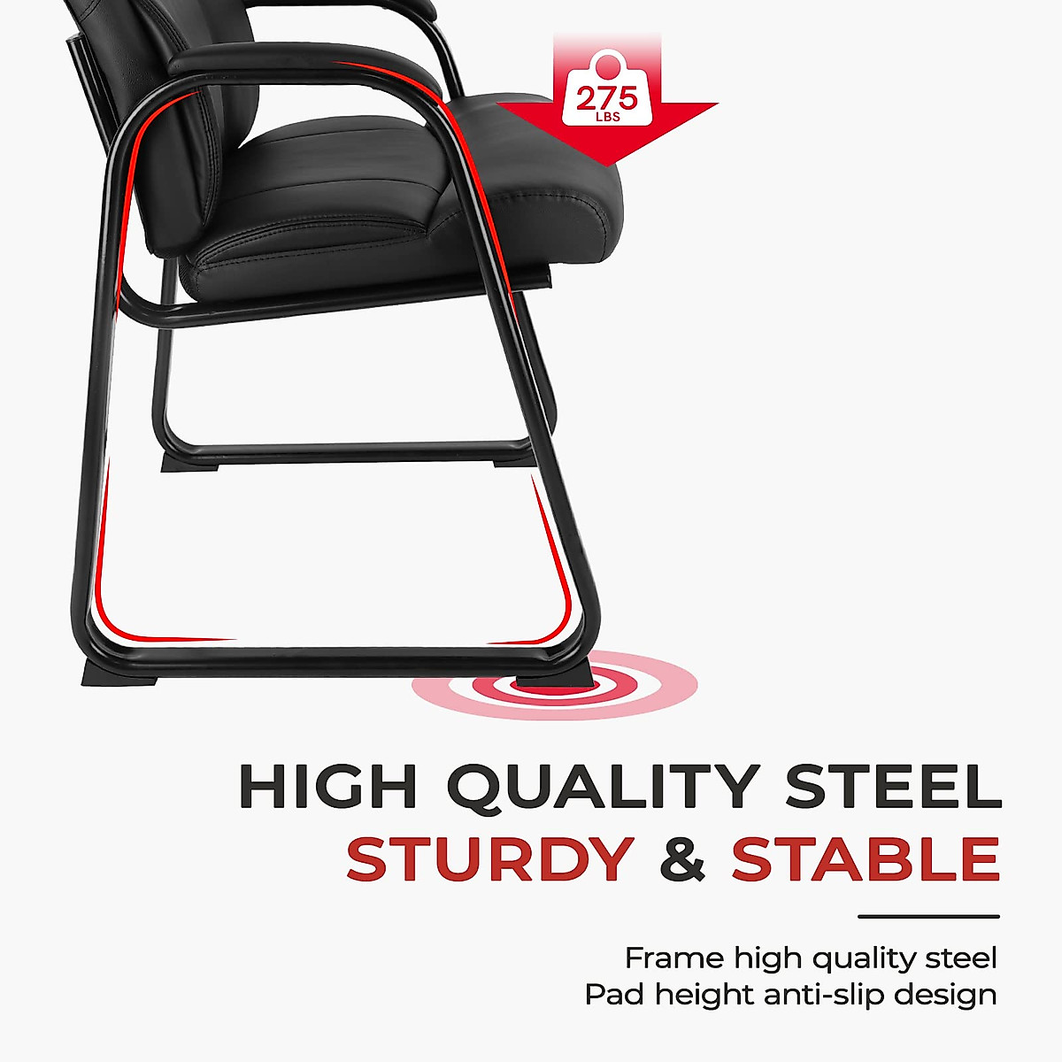 CLATINA Classic Leather Soft Reception Chair with Padded Armrests and Sled Base, Executive Guest Chair for Office Computer Desk Conference Waiting Meeting Room, Black (2 Pack)