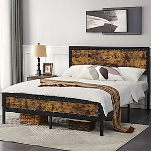Yaheetech Full Bed Frame Metal Bed with Rivet Design Wooden Headboard&Footboard, Modern Rustic Style/No Box Spring Needed/Easy Assembly, Rustic Brown Full Bed