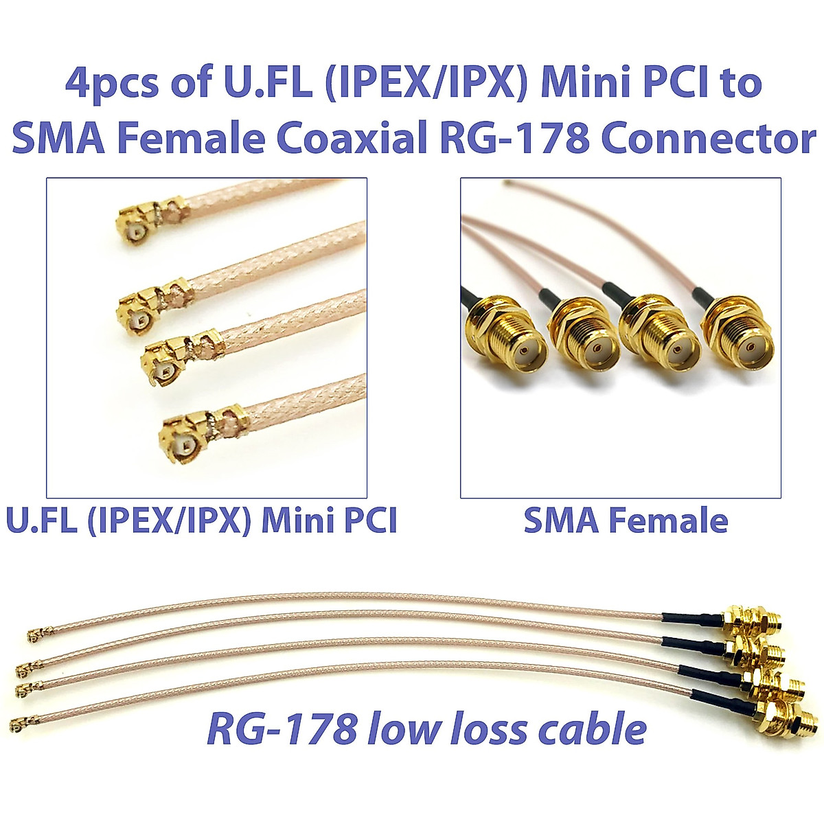 Pack of 4 RF U.FL(IPEX/IPX) Mini PCI to SMA Female Pigtail Antenna Wi-Fi Coaxial RG-178 Low Loss Cable (7 inches (17.8 cm)))