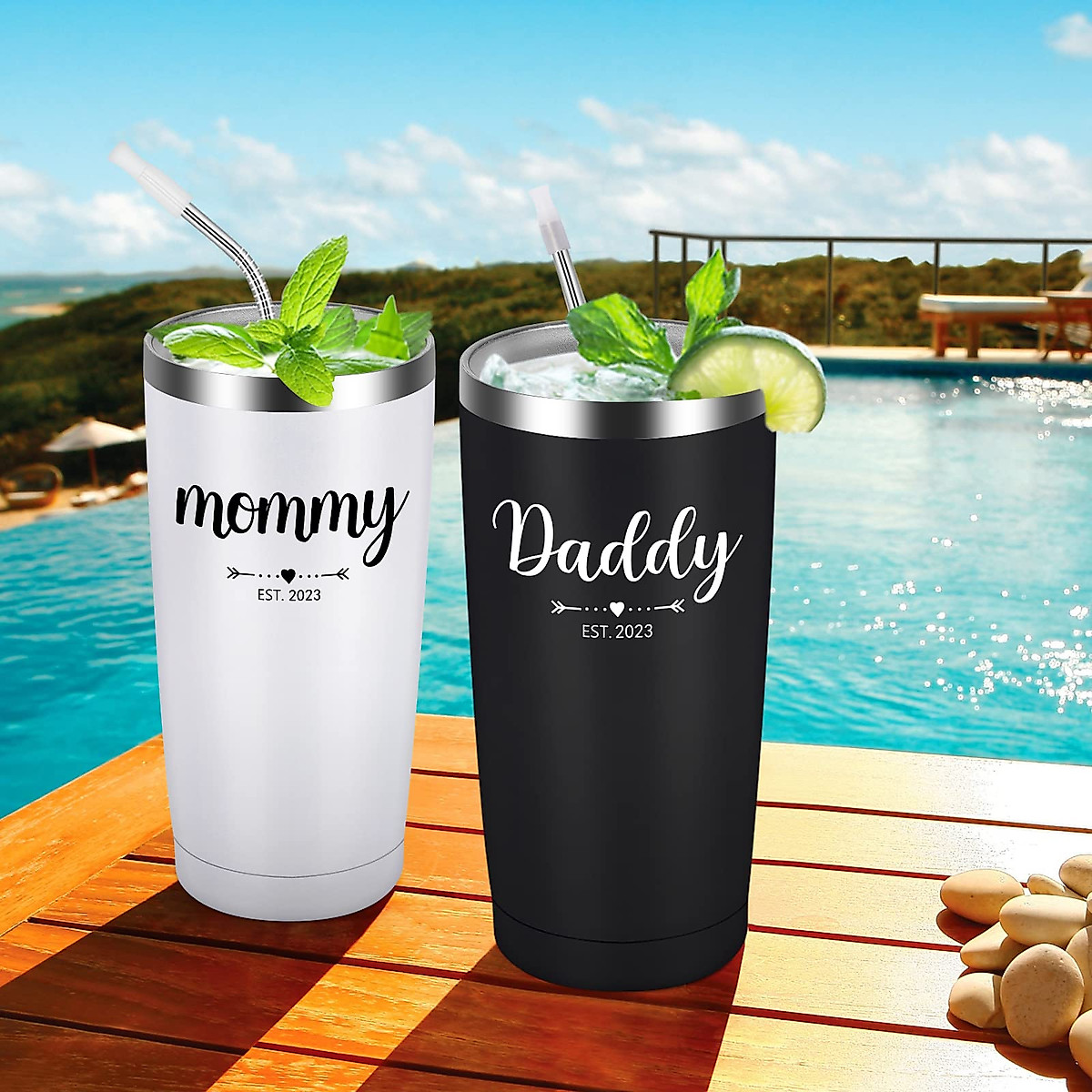 Daddy and Mommy Est 2023 Travel Tumbler, New Parents Insulated Tumblers 20Oz, Mom Dad Gift for Mother's Day, Father's Day, Christmas, New Pregnancy, Birthday, Baby Shower (Black White)