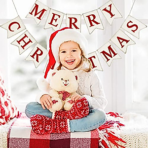 Whaline Christmas Burlap Banner Felt Merry Christmas Banner Pre-Assembled White Red Xmas Bunting Garland Celebration Hanging Decorations for Christmas Party Supplies Home Decoration