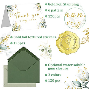 Qilery 120 Set Thank You Cards with Envelopes and Stickers for Wedding 5 x 3.5 Inch Sage Green Gold Foil Blank Thank You Notes Greeting Cards for Bridal Shower, Birthday, Graduation